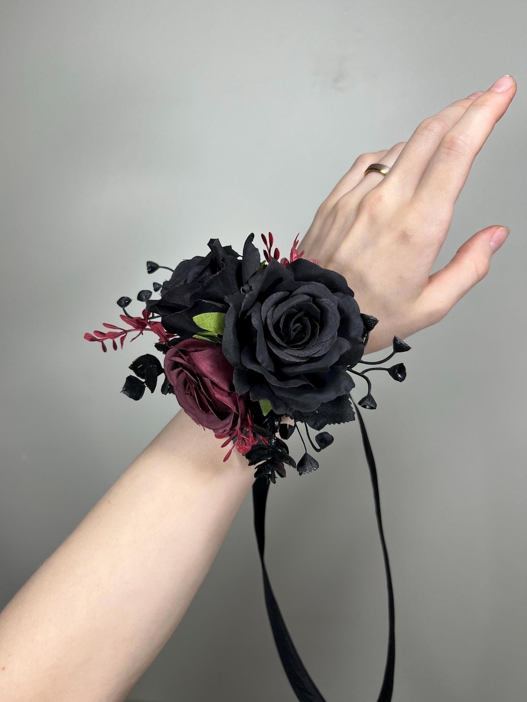Black Corsage Burgundy Wedding Gothic Wrist Corsage Bridesmaids Corsage ...