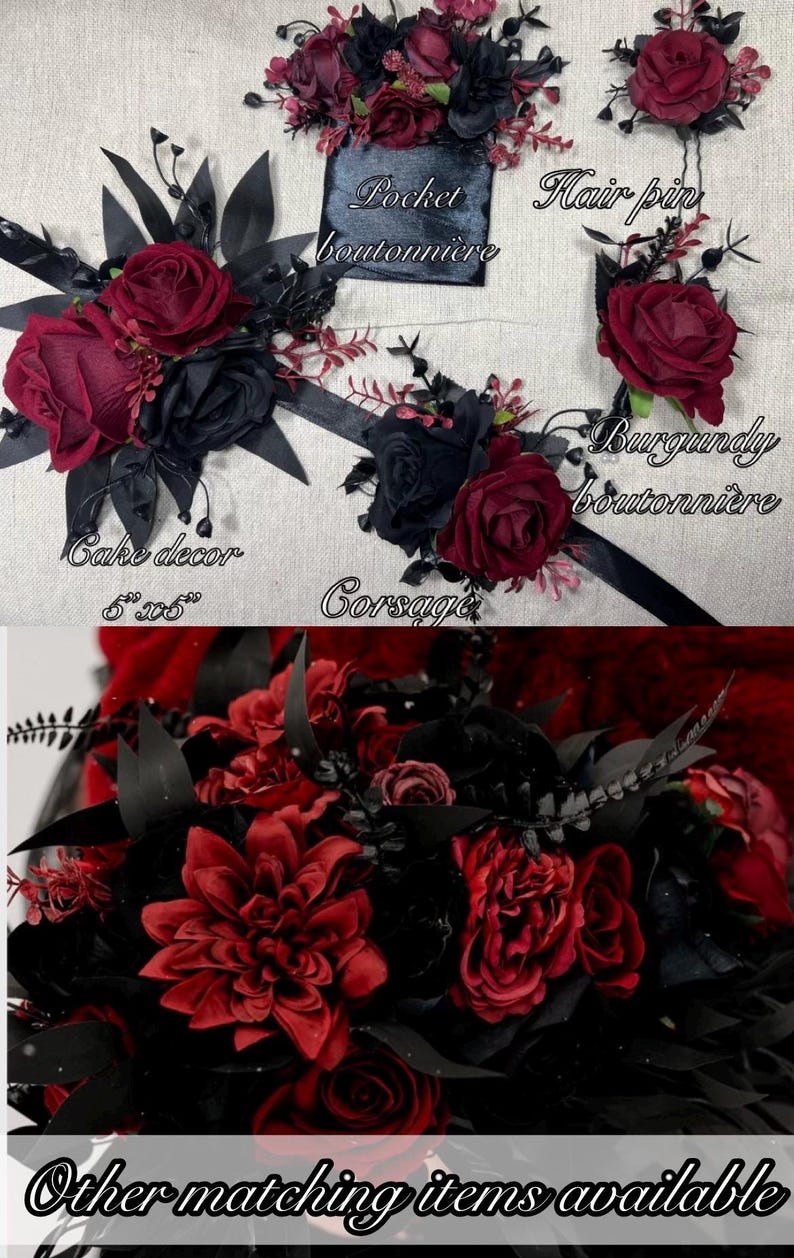 Black Centerpiece 3 Flowers Wedding Gothic Table Decor Burgundy Small ...