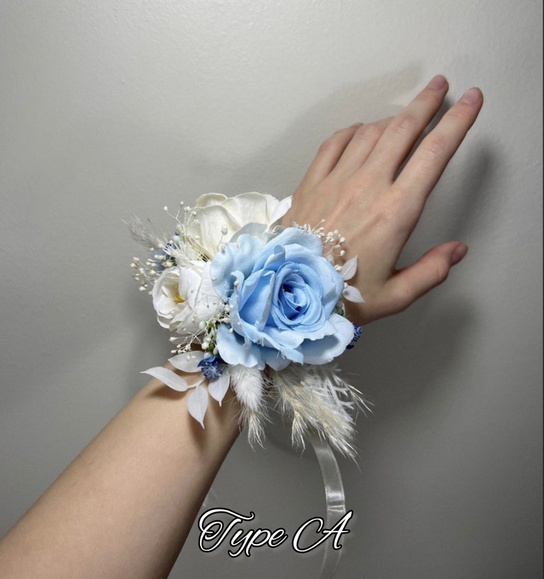 Wedding Blue Corsage White Boho Wedding Wrist Corsage Bridesmaids Decor ...