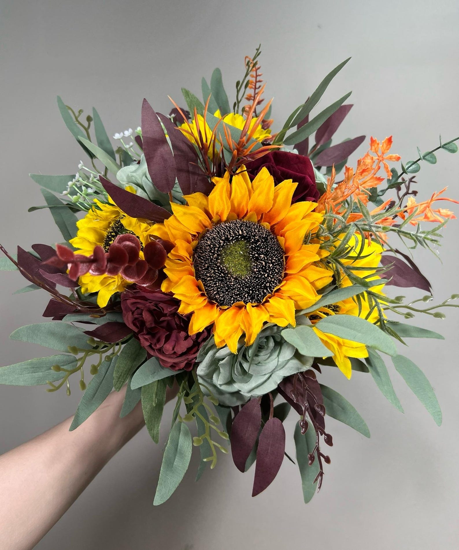 Sunflower Bouquet Wedding Bridal Boho Sunflower Burgundy Bouquet Sage ...