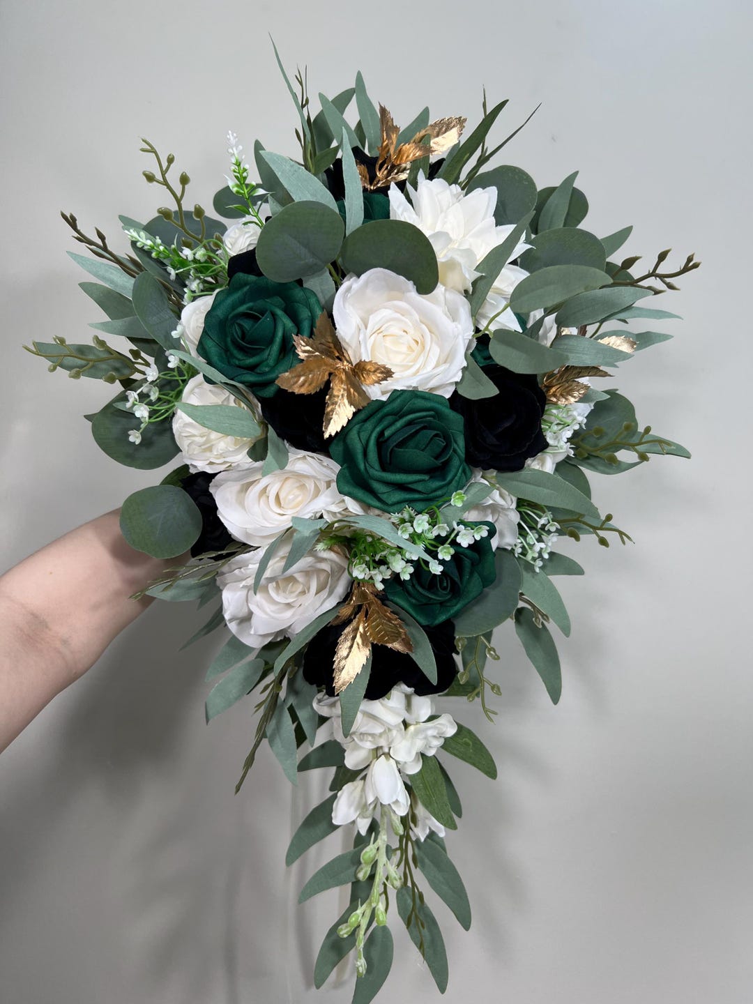 Emerald Green Bouquet Bridal Cascade White Black Bouquet Bridesmaids ...