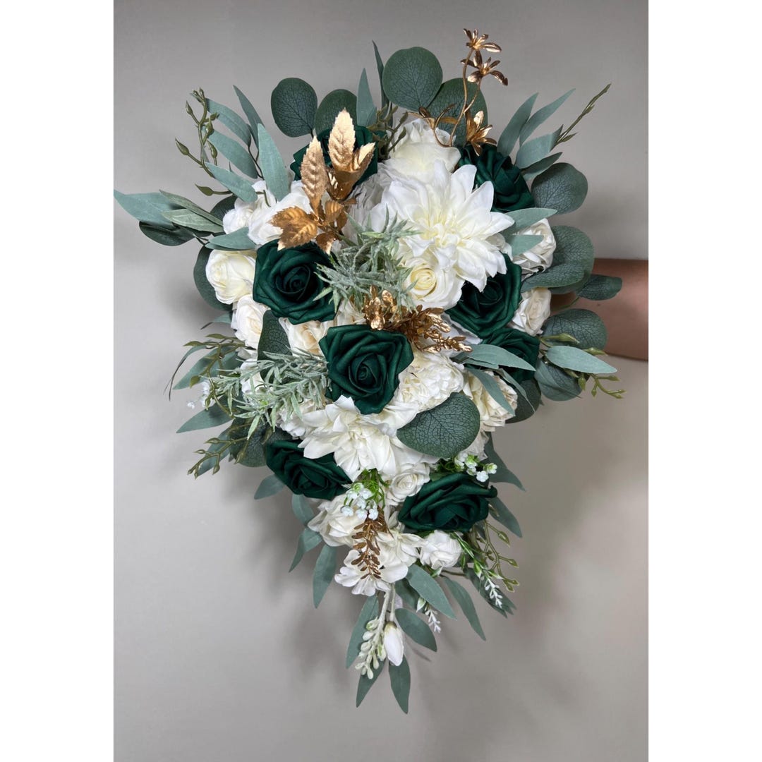 Emerald Green Bouquet Bridal Cascade White Hunter Green Bridesmaids ...