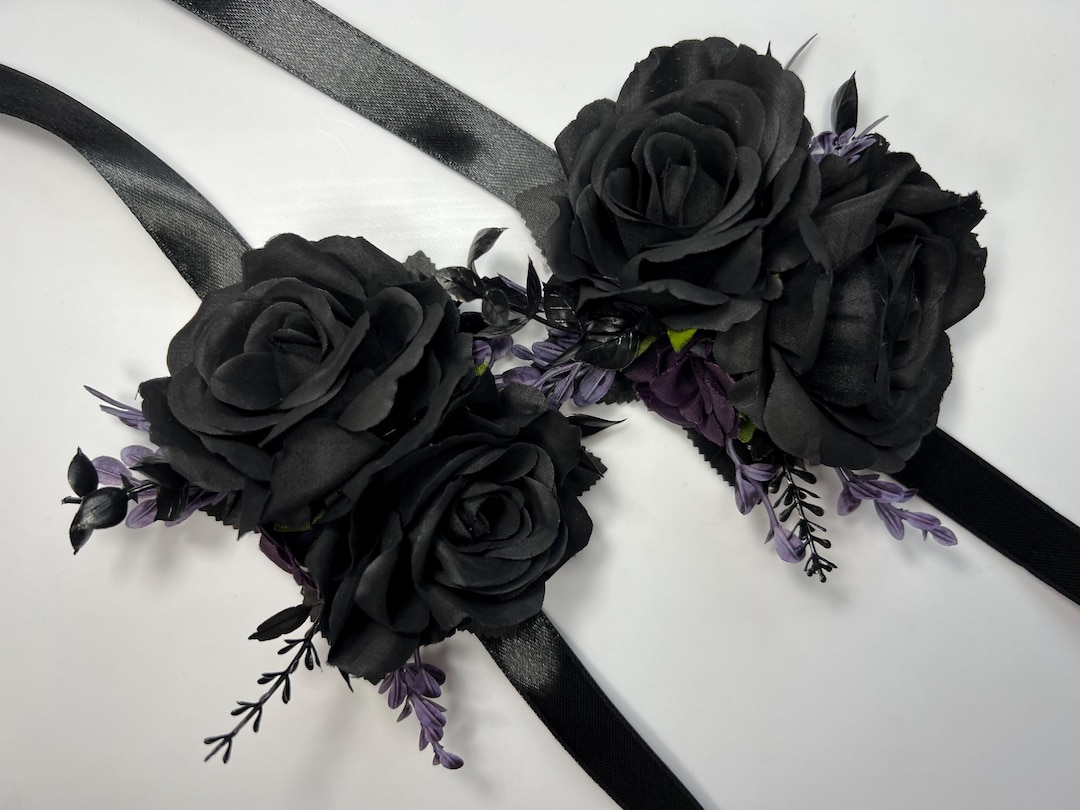 Black Purple Corsage Wedding Gothic Wrist Corsage Bridesmaids Black ...