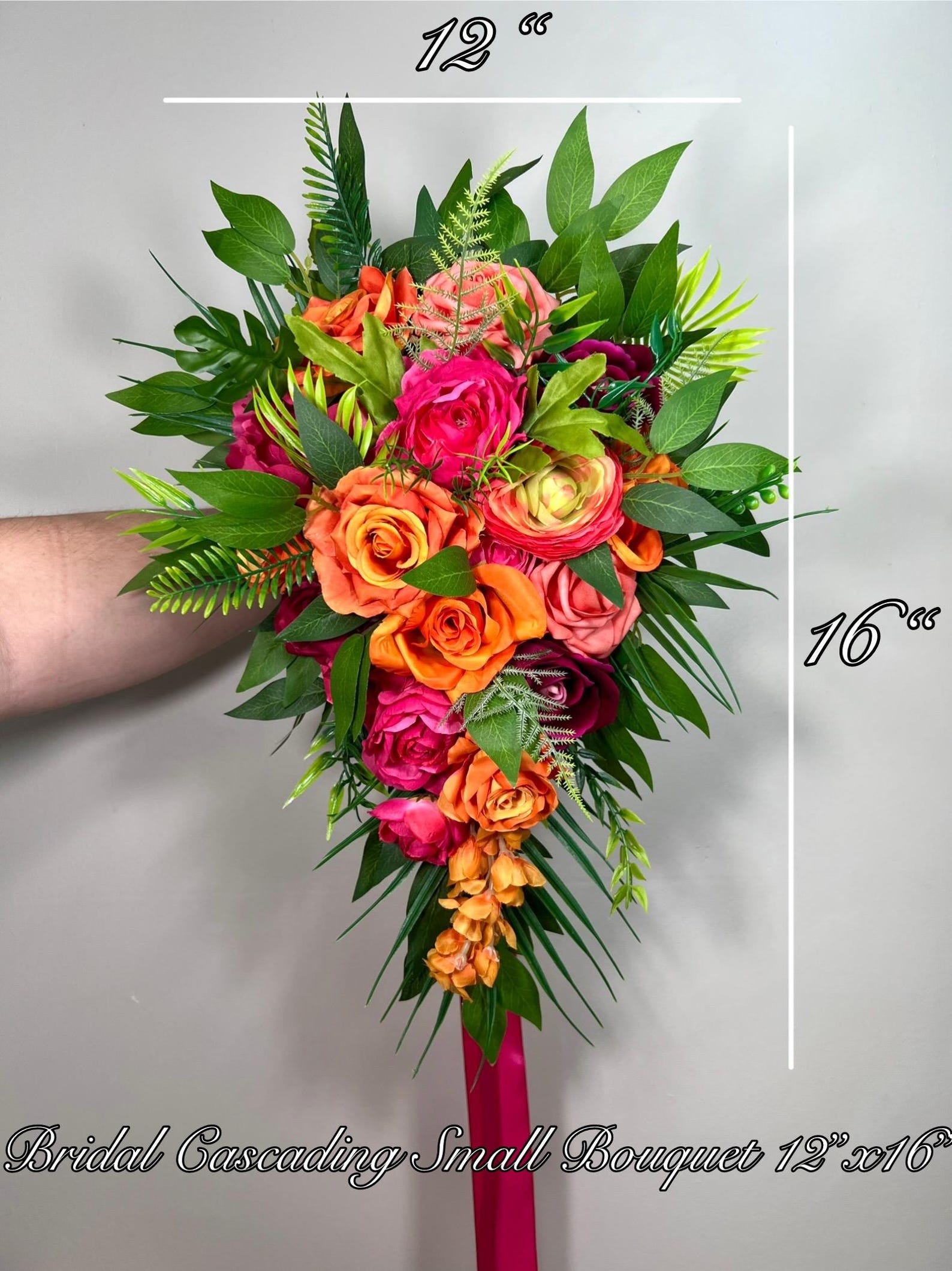 Orange Pink Cascading Bouquet Wedding Bridal Hot Pink Cascade Tropical ...