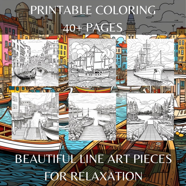 Maritime Ships Coloring Pages: Line Art Harbor Scenes (PDF) - Etsy