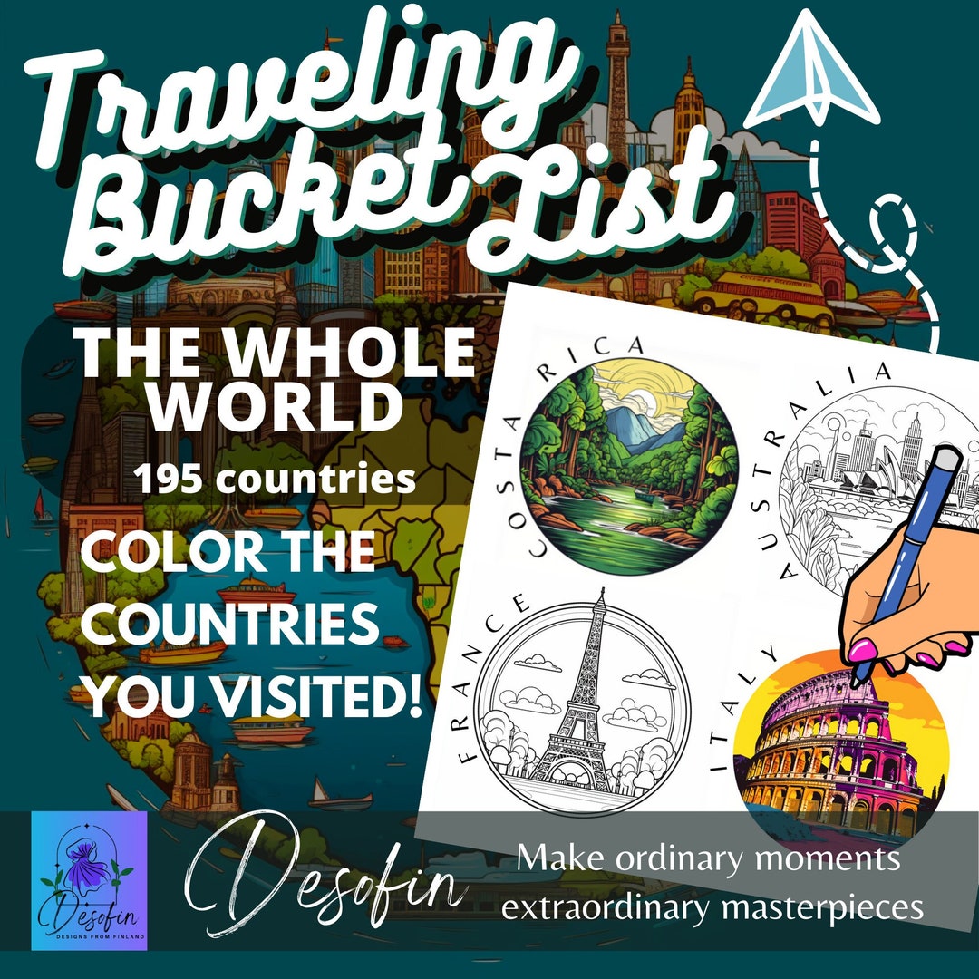 Traveling Bucket List Coloring Book, All 195 Countries, Journal ...
