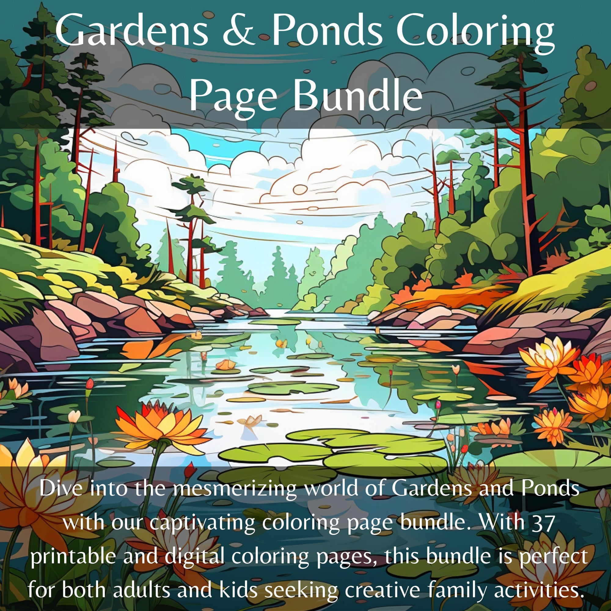 Ponds and Gardens, 37 Adult Coloring Pages, Digital Download, Printable ...
