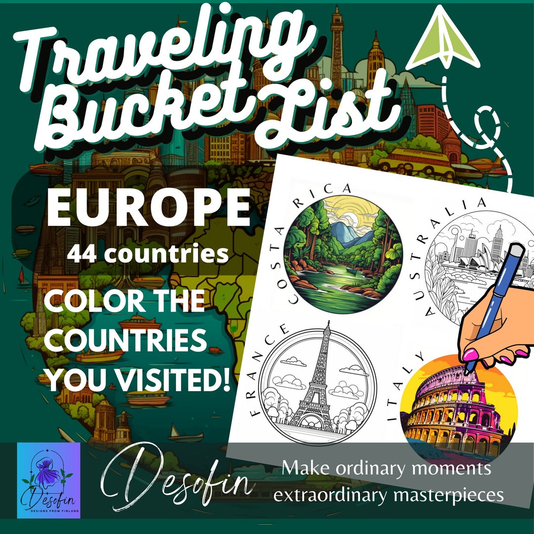 Traveling Bucket List Adult Coloring Pages, European Countries, Digital ...