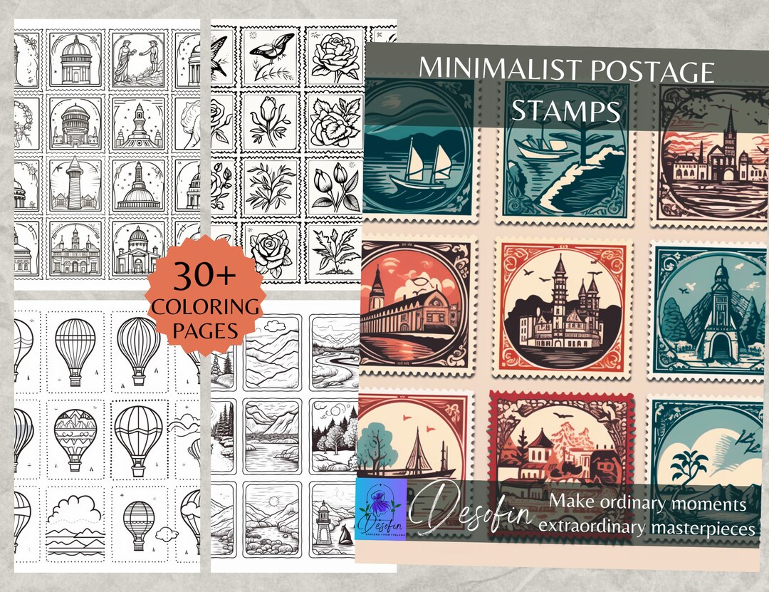 Minimalist Postage Stamps Coloring Pages: 34 Printable Designs (digital ...