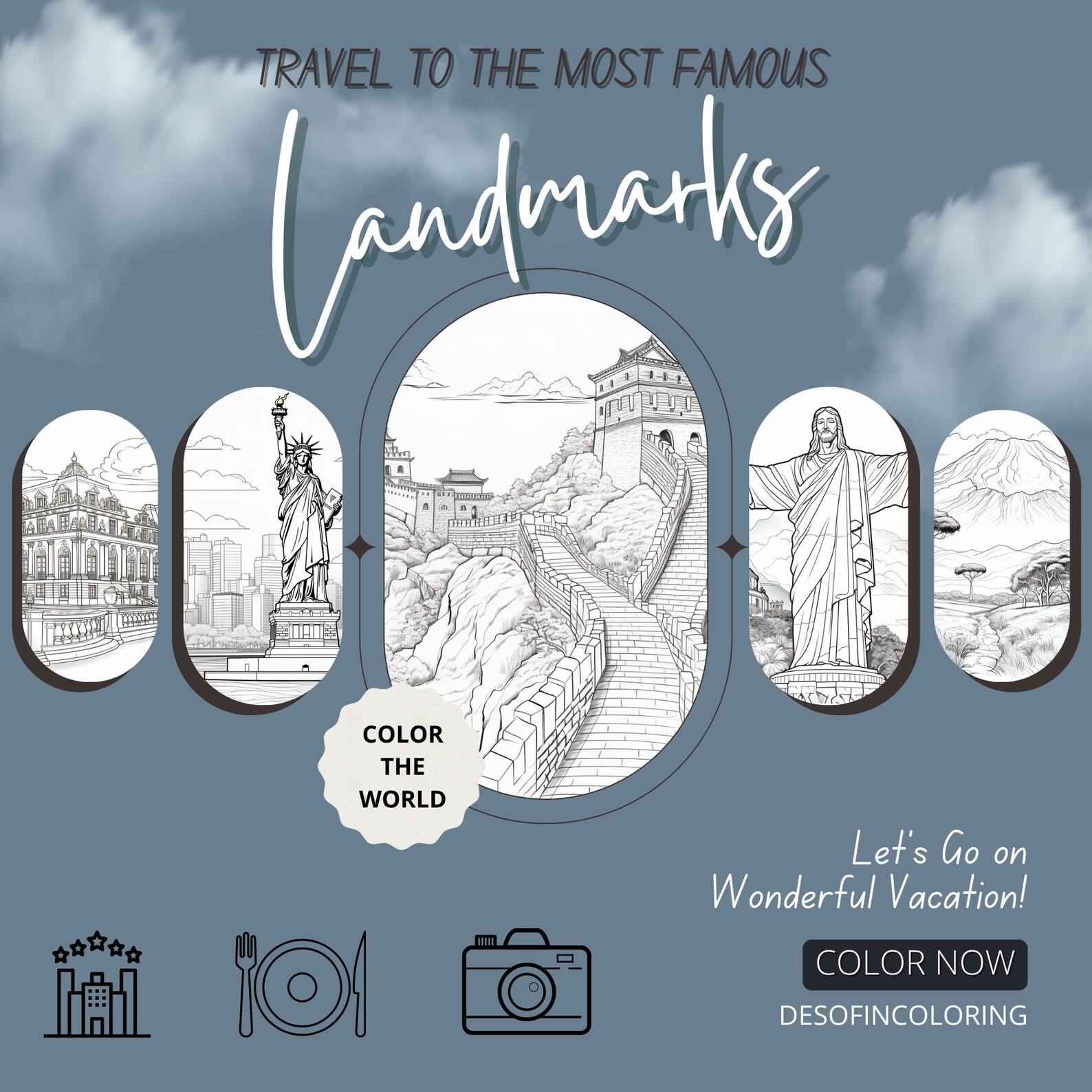 30 World's Most Famous Landmarks Adult Coloring Pages, Digital Download ...