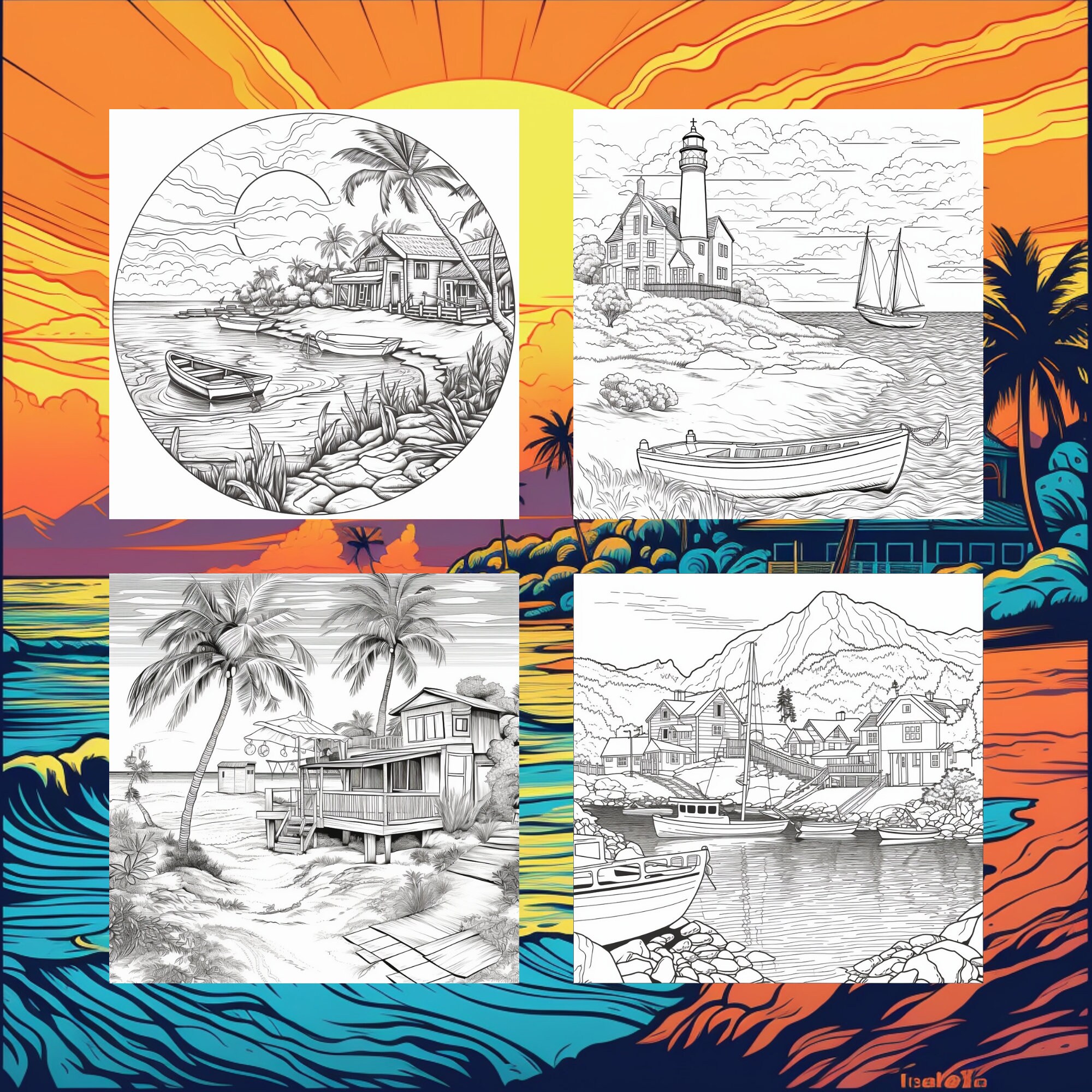 Summer Beach Adult Coloring Pages Digital Download Printable - Etsy