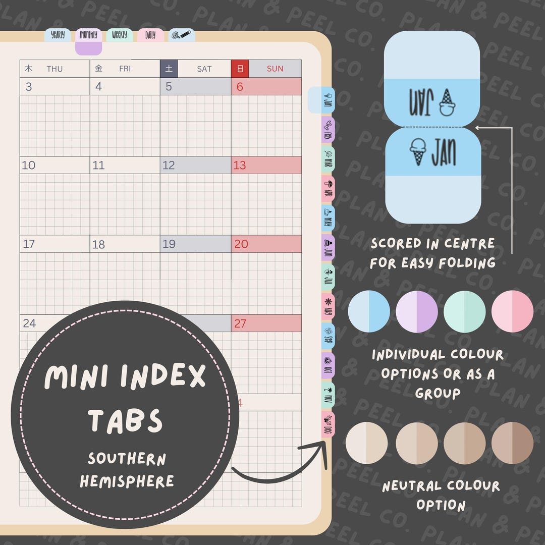 Mini Index Tabs | Southern Hemisphere | Planner Monthly Tabs ...