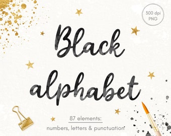Black Watercolor Alphabet, Black Letters, Black Font, Font Clipart ...