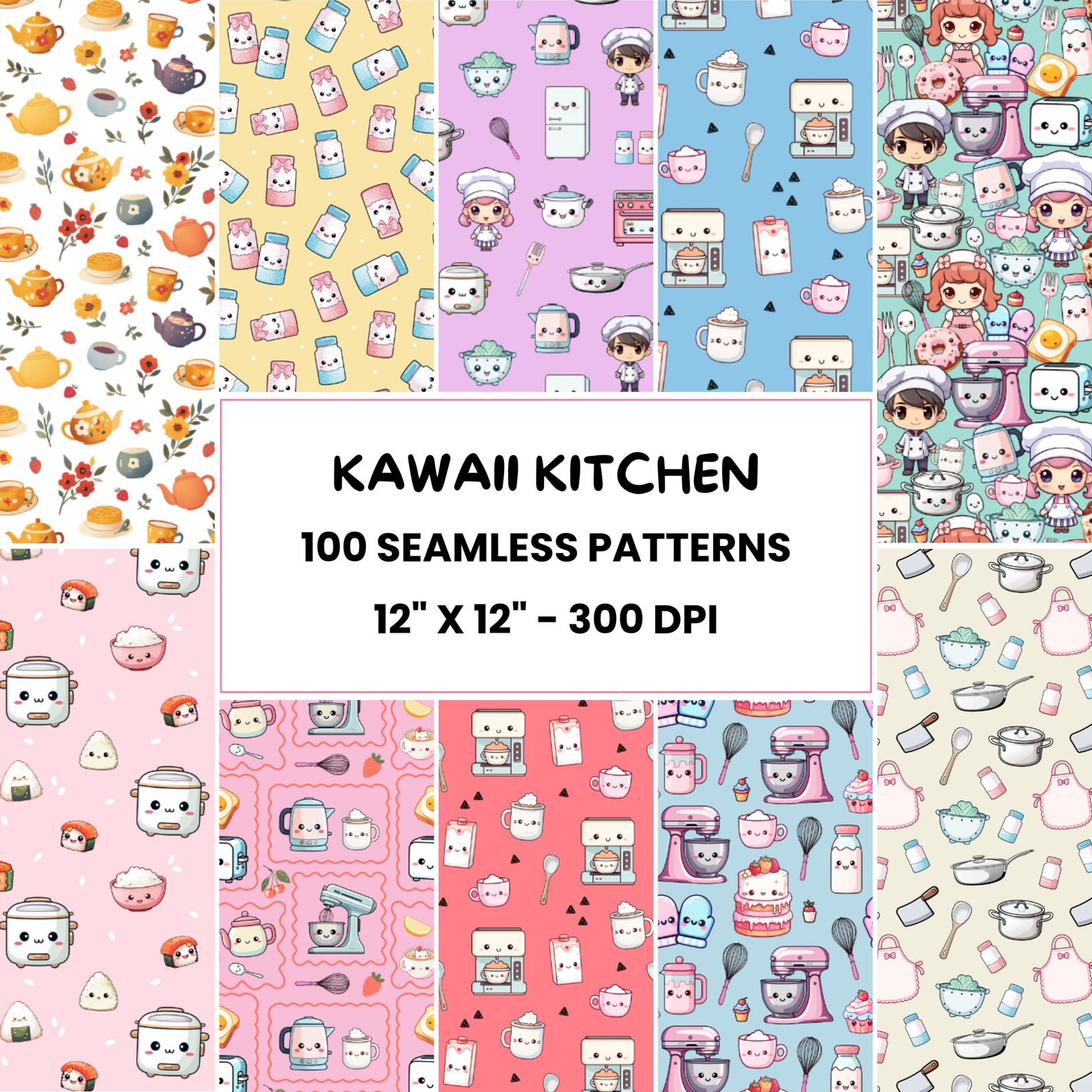 Kawaii Kitchen Patterns | 100 Kitchen Seamless Patterns | Cute Kitchen ...