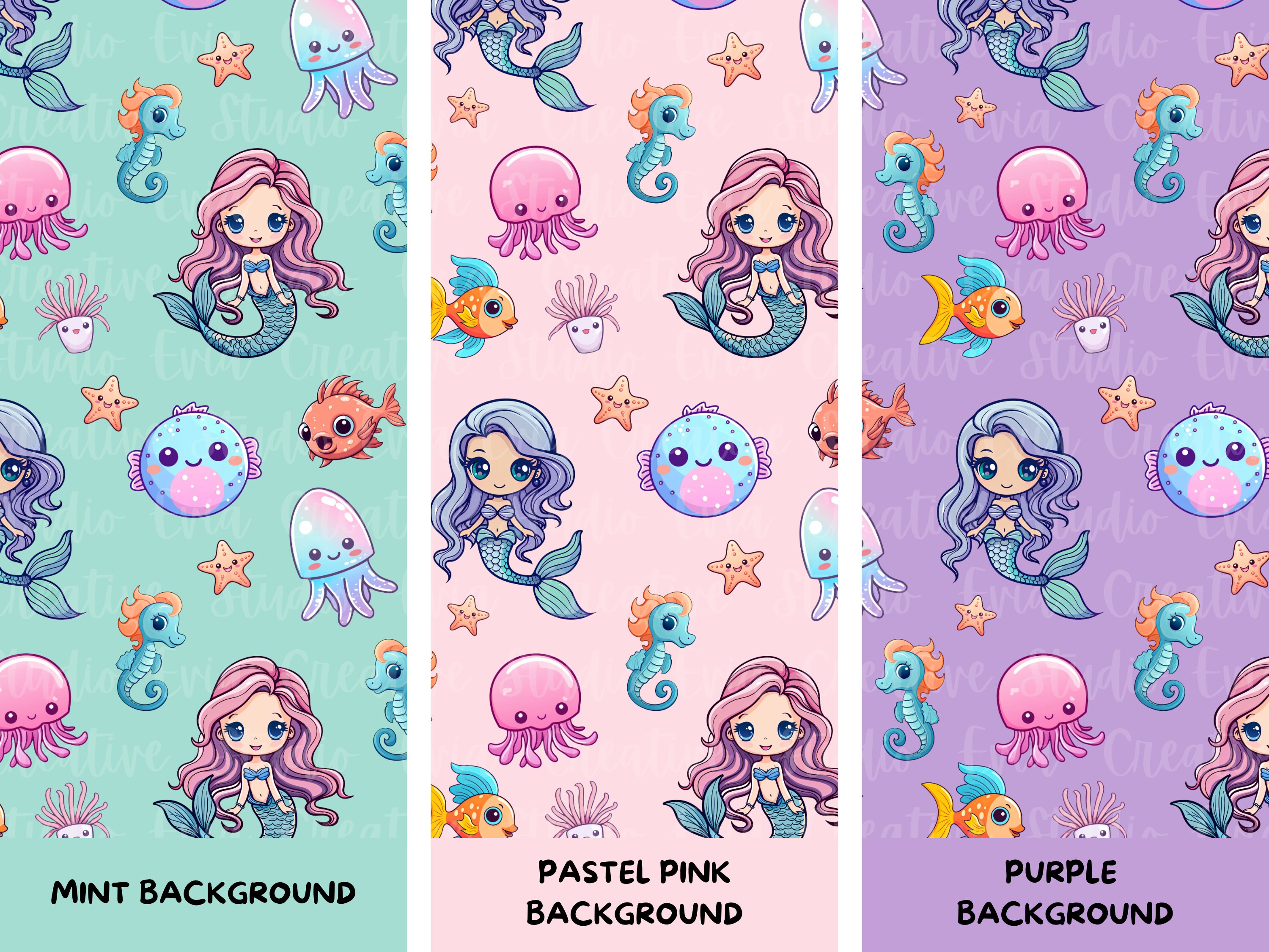 Under the Sea Patterns 90 Sea Animals Seamless Patterns Kawaii Mermaid ...