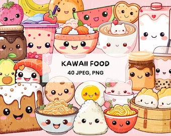 Kawaii Food Clipart 65 Cute Food Graphics Kawaii PNG Bundle Adorable ...