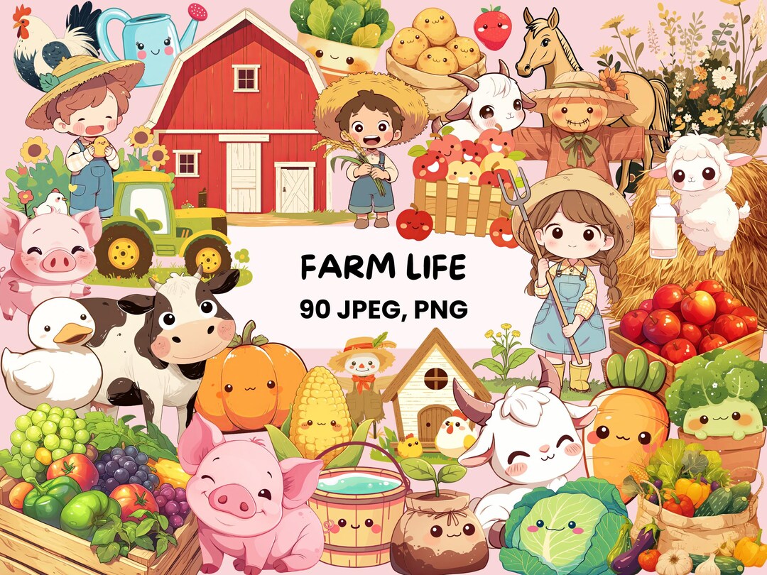 Farm Life Clipart | 90 Cute Farming Life Graphics | Kawaii Farm Animals ...