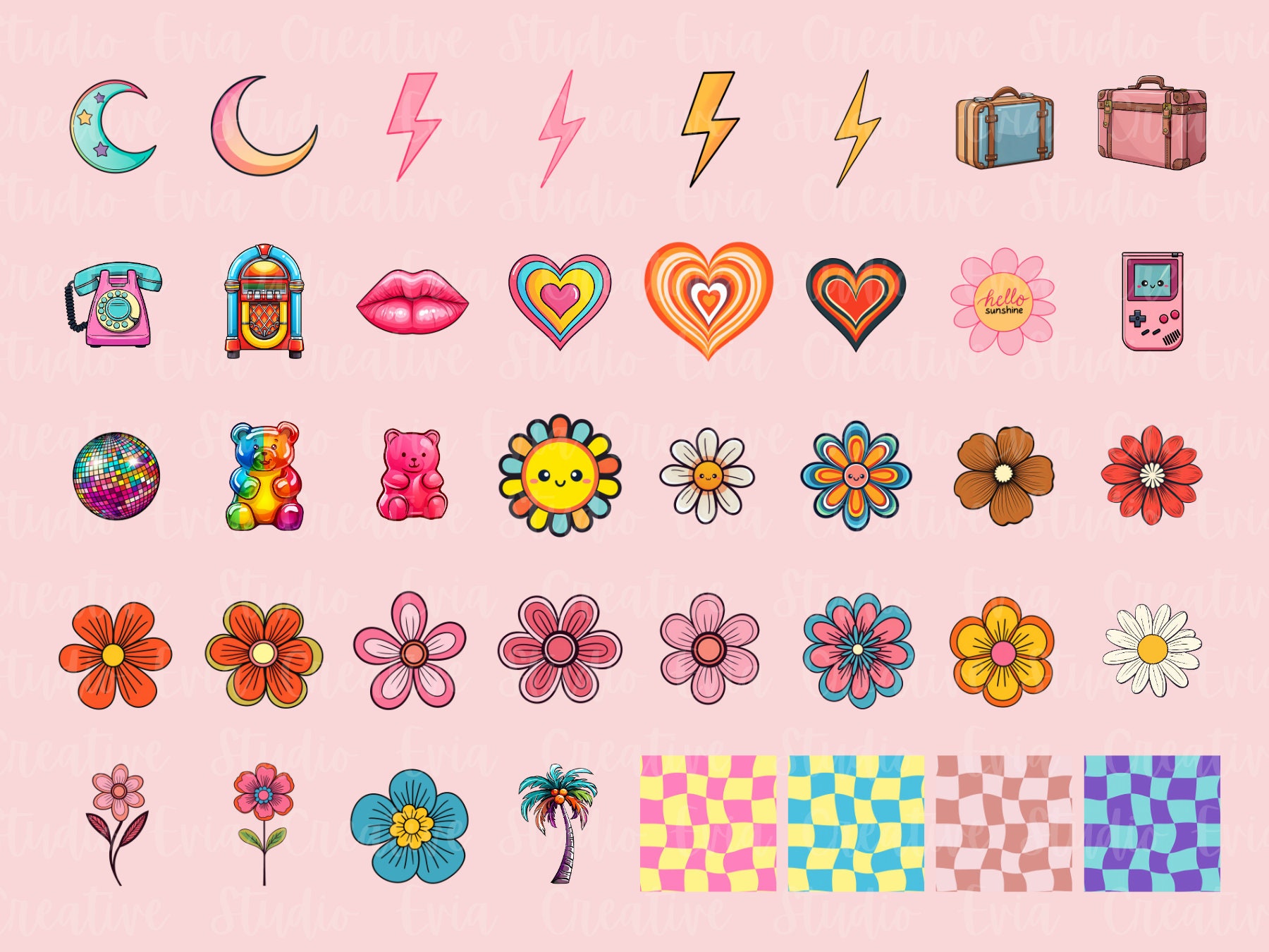 Retro Groovy Clipart | 80 Retro Hippie Graphics | Vintage Retro ...