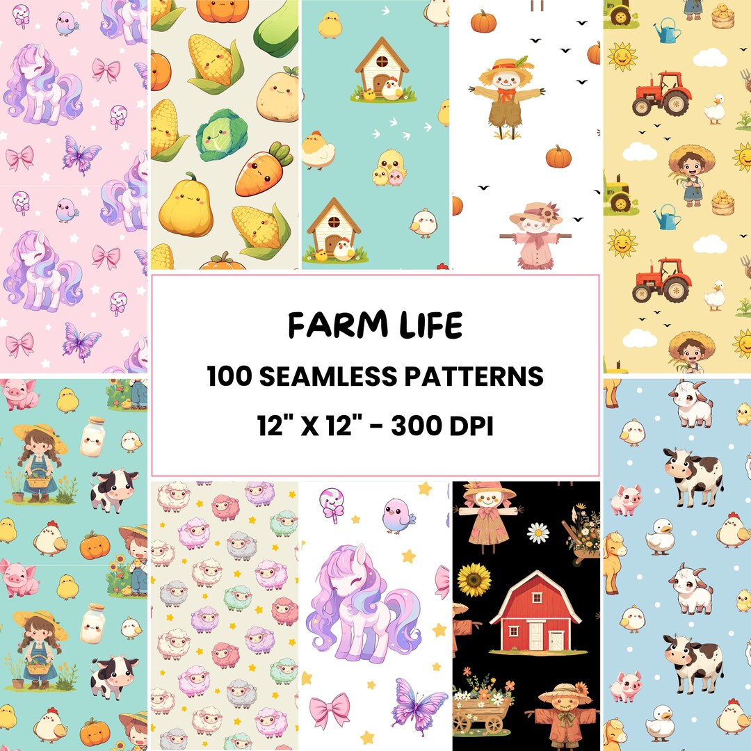Farm Life Patterns | 100 Farming Life Seamless Patterns | Kawaii Farm ...