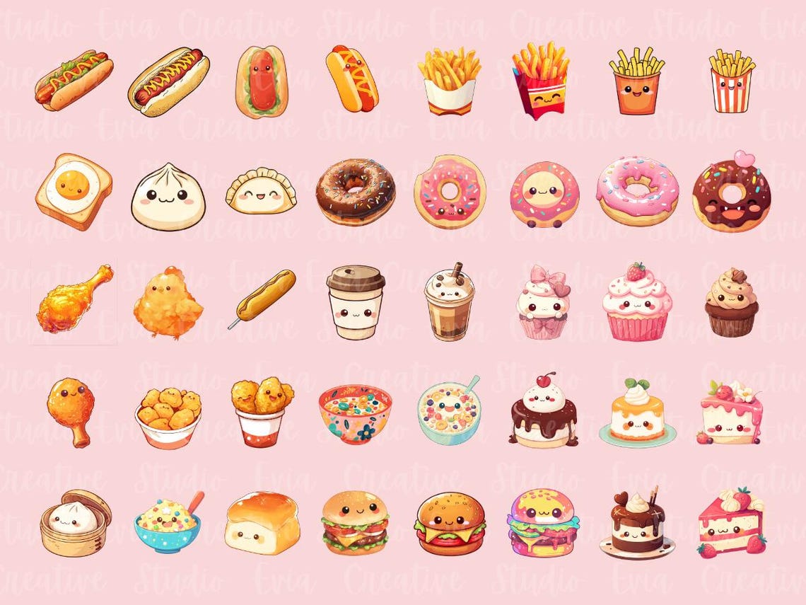 Kawaii Fast Food Clipart | 80 Cute Food Graphics | Kawaii PNG Bundle ...