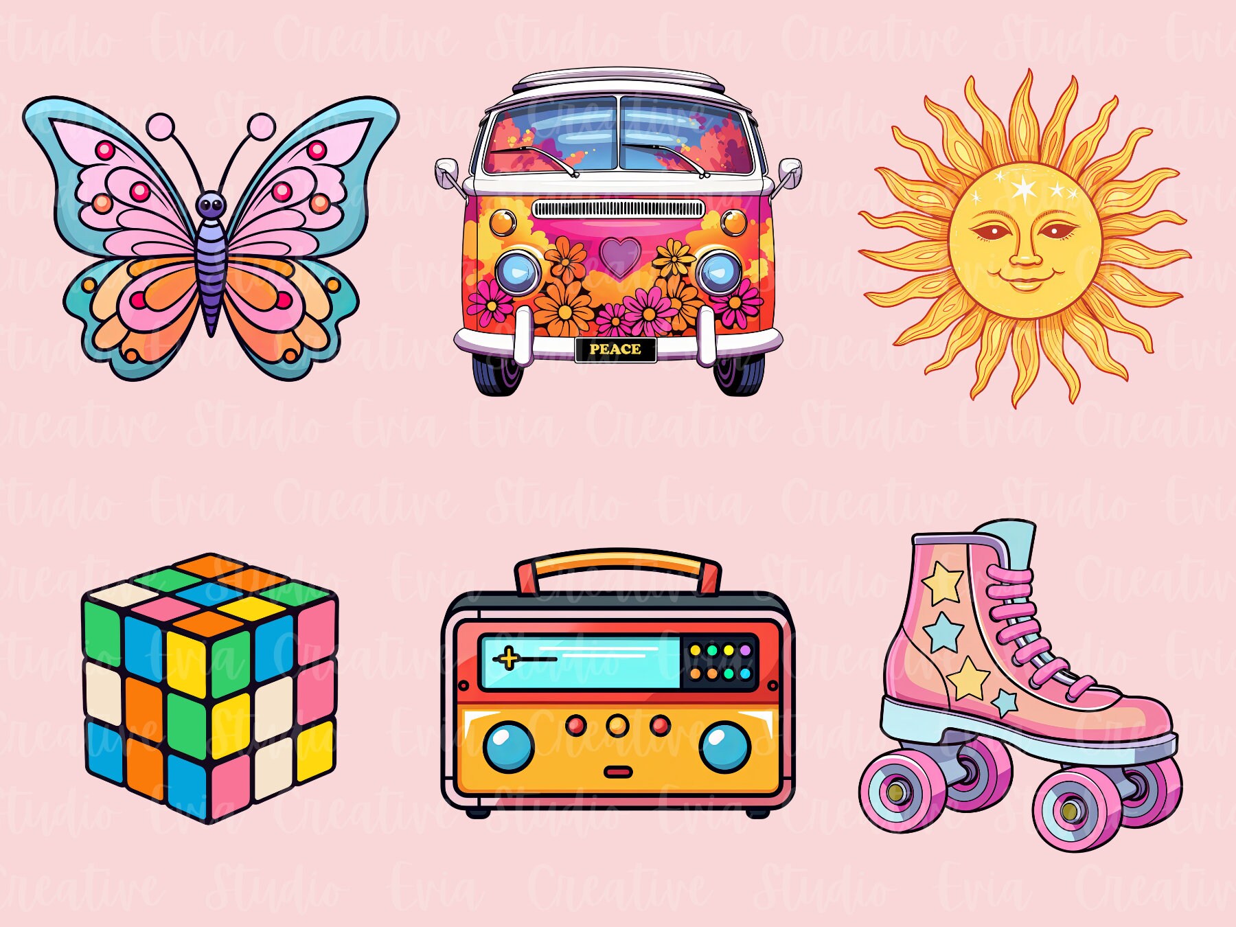 Retro Groovy Clipart | 80 Retro Hippie Graphics | Vintage Retro ...