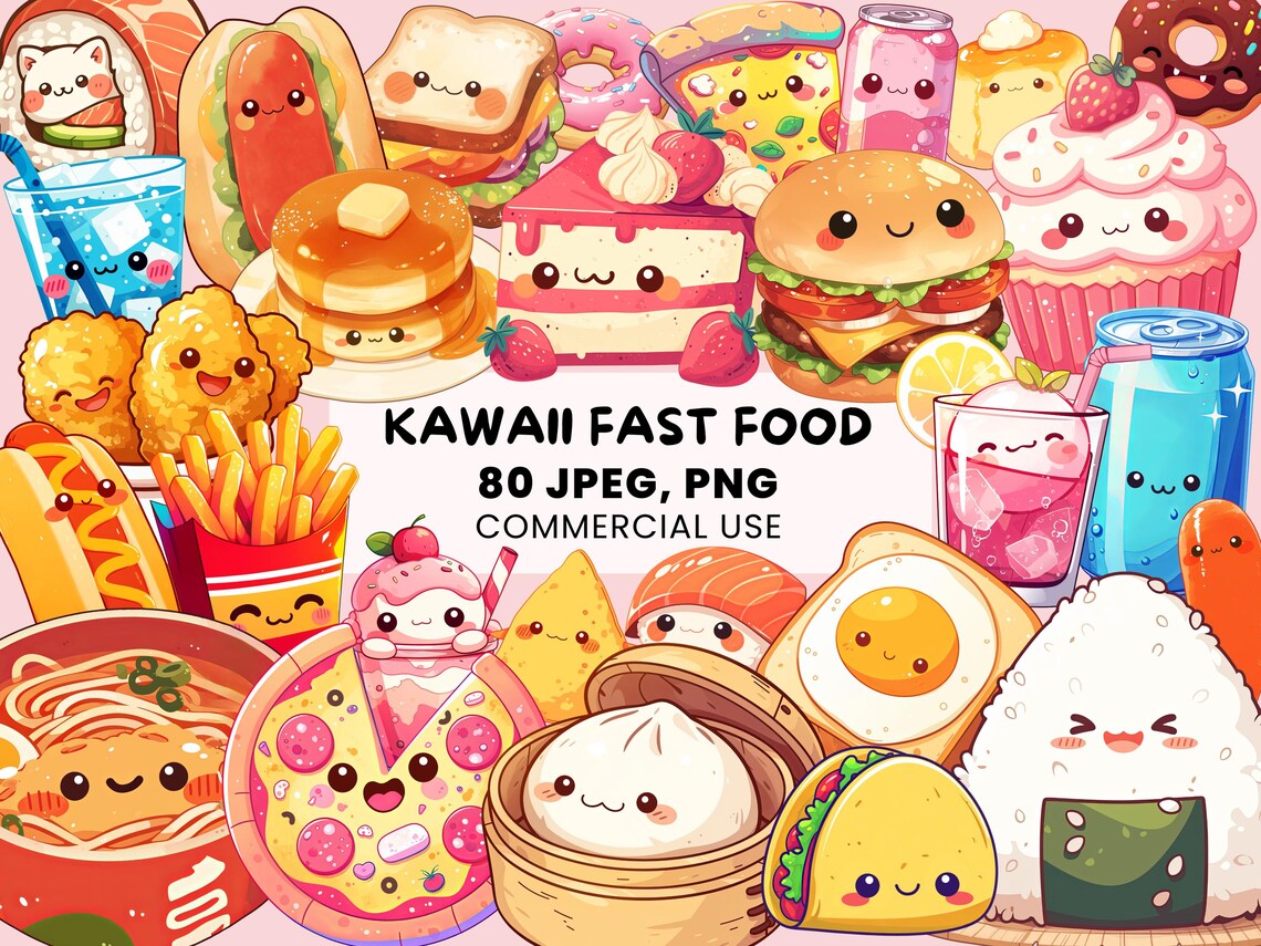 Kawaii Fast Food Clipart | 80 Cute Food Graphics | Kawaii PNG Bundle ...