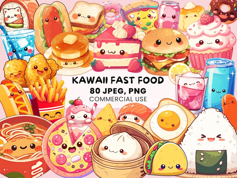 Kawaii Fast Food Clipart | 80 Cute Food Graphics | Kawaii PNG Bundle ...