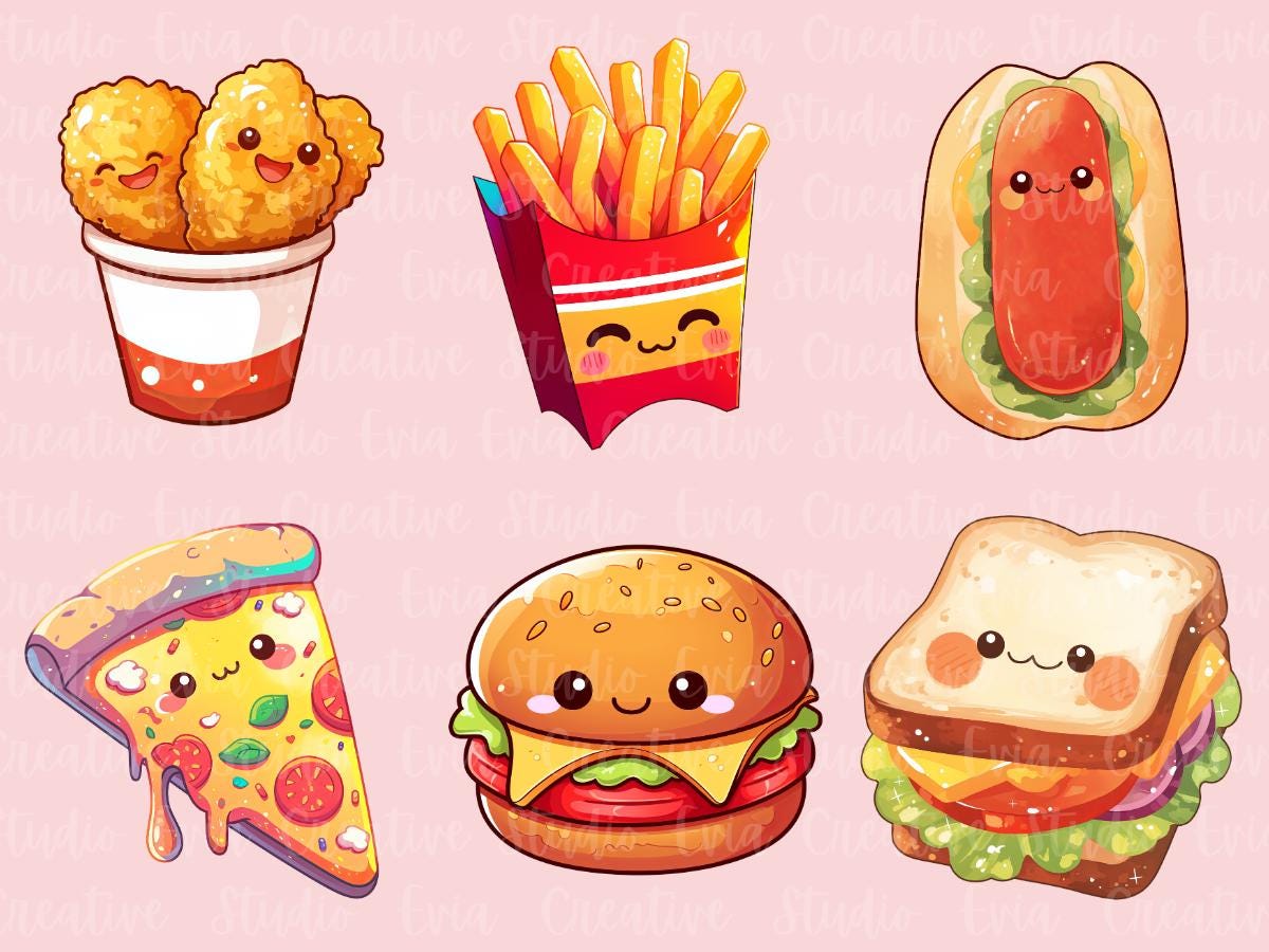 Kawaii Fast Food Clipart | 80 Cute Food Graphics | Kawaii PNG Bundle ...