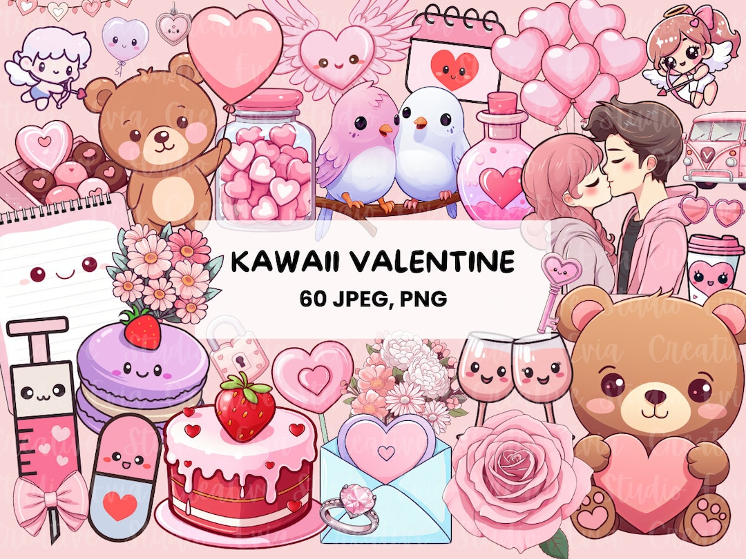Kawaii Valentine Clipart | 60 Sweet Love Graphics | Cute Sweetheart ...