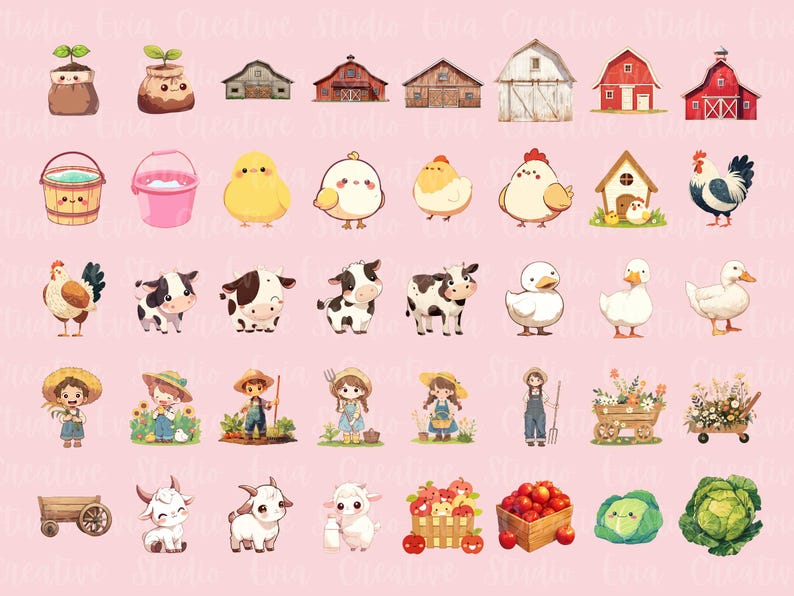 Farm Life Clipart | 90 Cute Farming Life Graphics | Kawaii Farm Animals ...