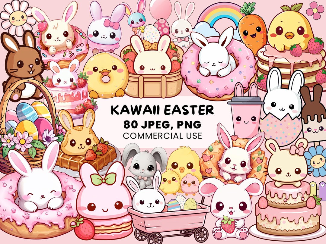 Kawaii Easter Clipart | 80 Bunny Easter Graphics | Cute Easter Eggs ...