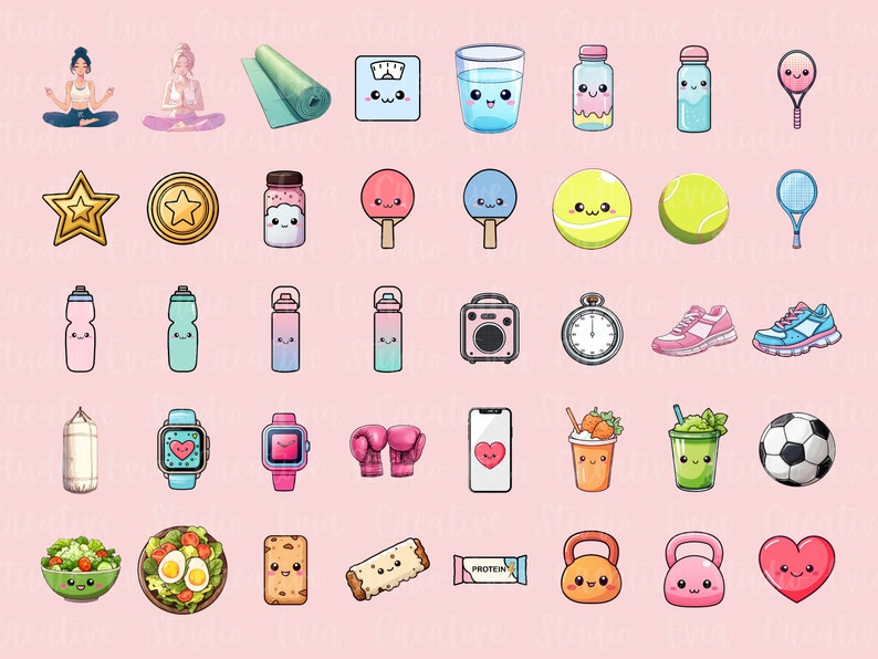 Healthy Lifestyle Clipart | 80 Gym Life Graphics | Kawaii Healthy Food ...