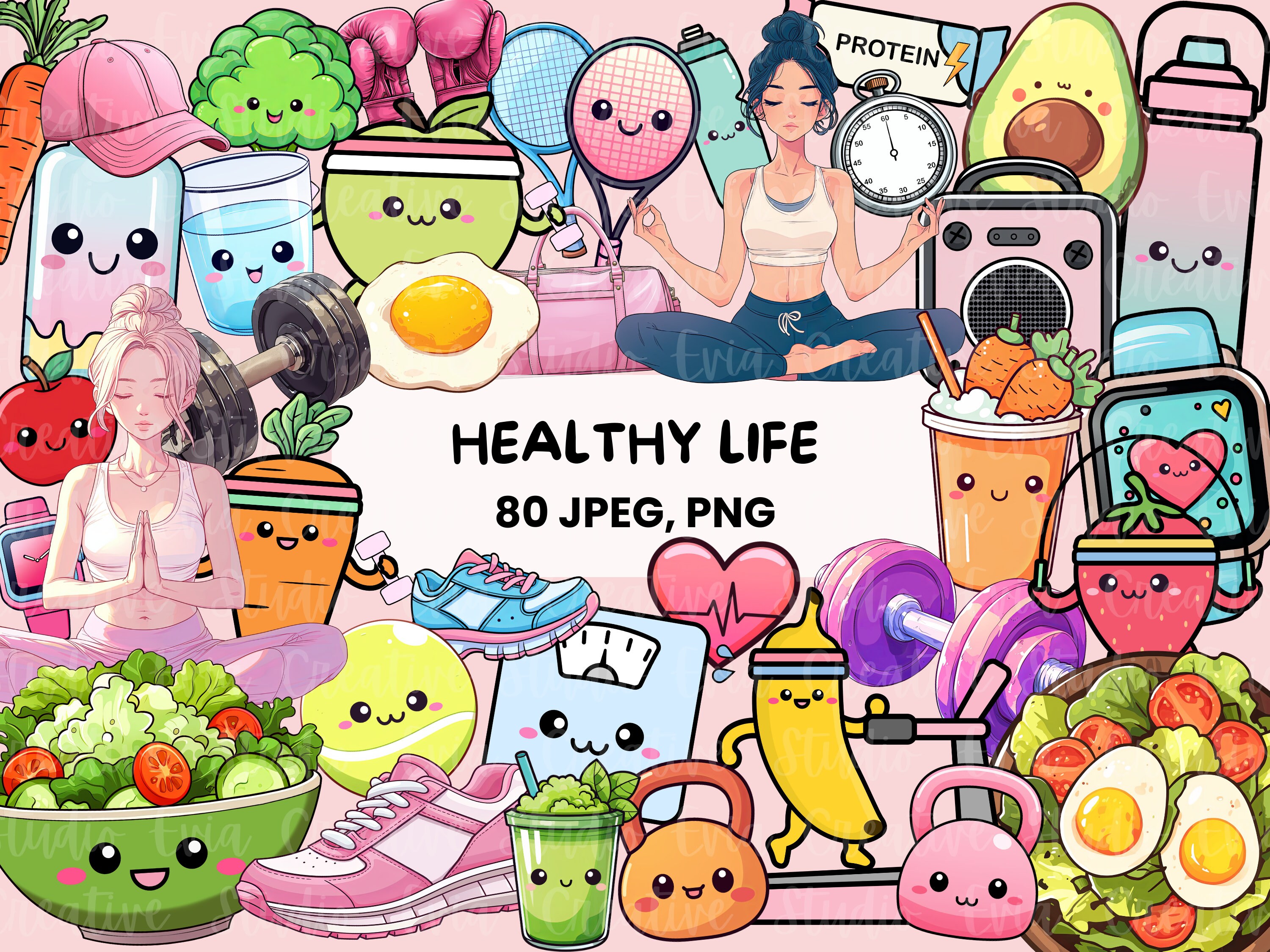 Healthy Lifestyle Clipart | 80 Gym Life Graphics | Kawaii Healthy Food ...