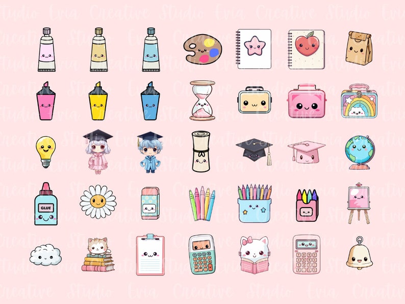 Kawaii School Clipart 70 Cute School PNG and JPEG Back to School ...