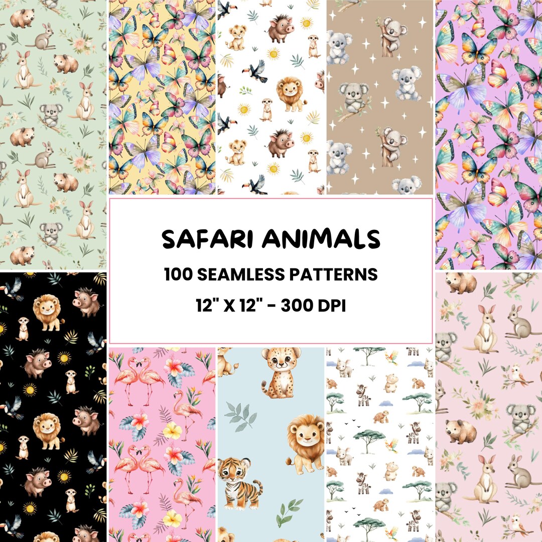 Watercolour Safari Animals Patterns | 100 Boho Nursery Animals Seamless ...