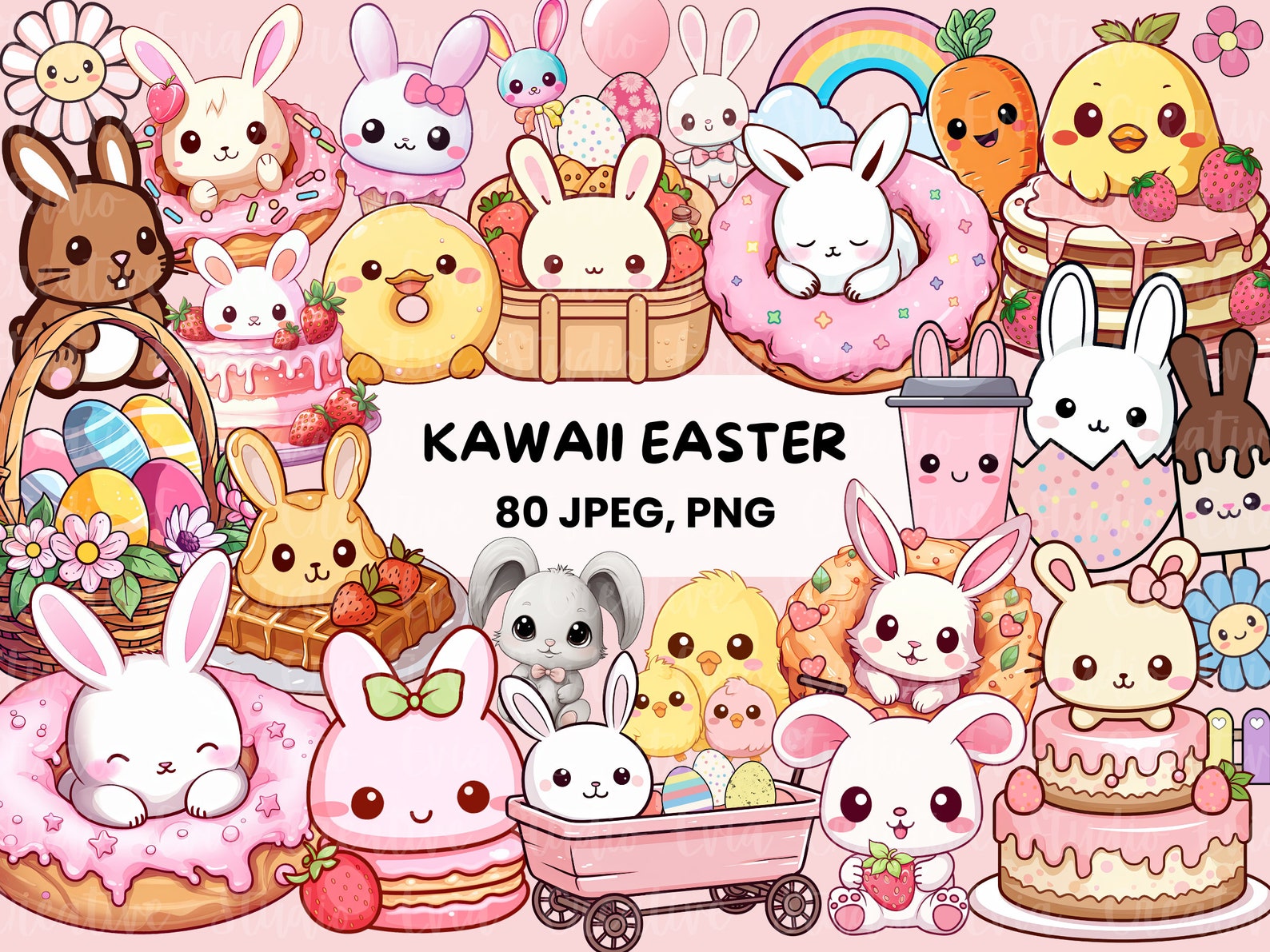Kawaii Easter Clipart 80 Bunny Easter Graphics Cute Easter Eggs Kawaii ...