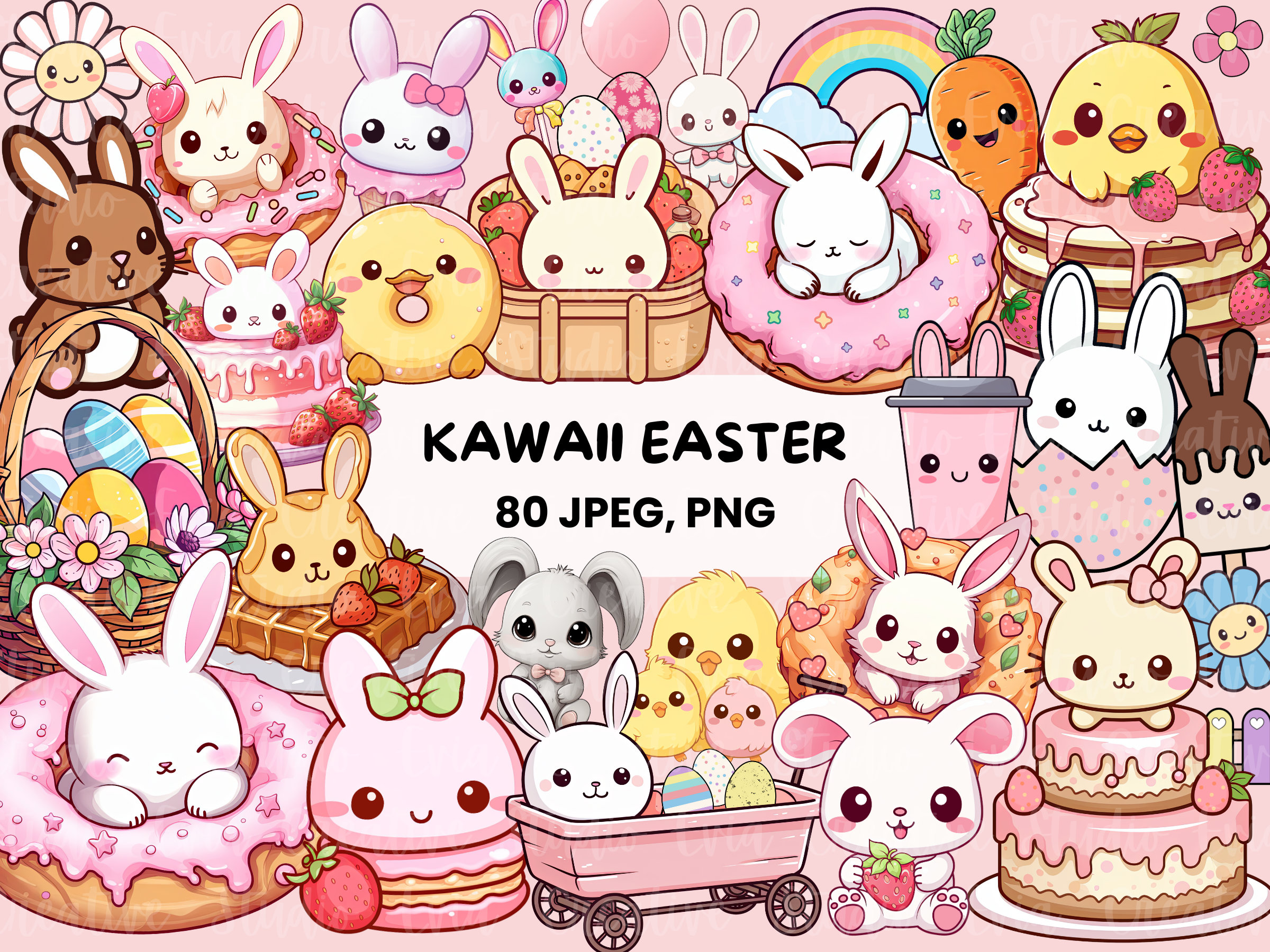 Kawaii Easter Clipart 80 Bunny Easter Graphics Cute Easter Eggs Kawaii ...