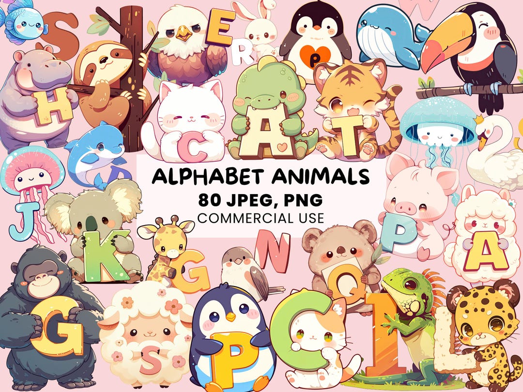 Alphabet Animals Clipart | 80 Cute Animal Graphics | Kawaii PNG Clipart ...