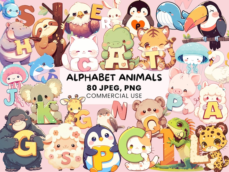 Alphabet Animals Clipart | 80 Cute Animal Graphics | Kawaii PNG Clipart ...