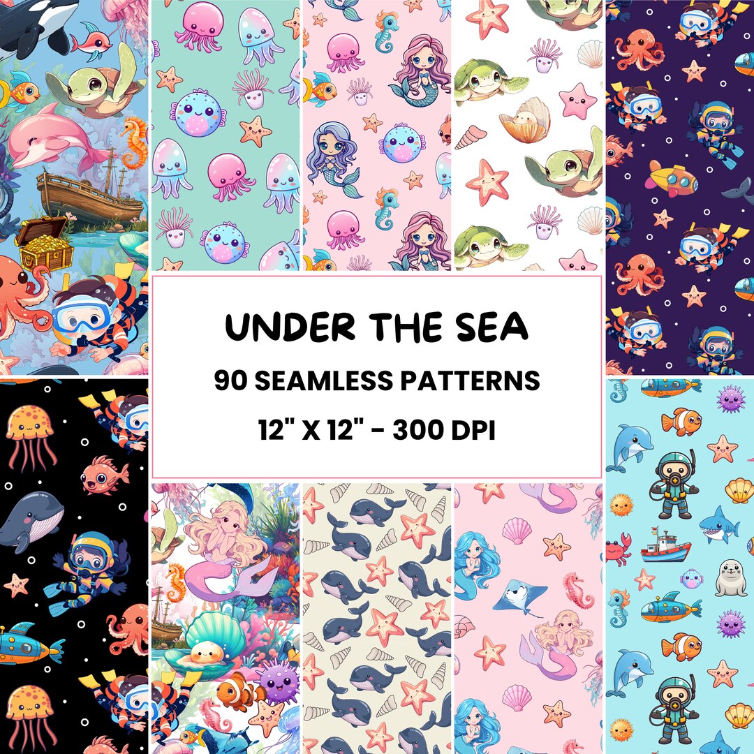 Under the Sea Patterns | 90 Sea Animals Seamless Patterns | Kawaii Mermaid Patterns | Digital ...