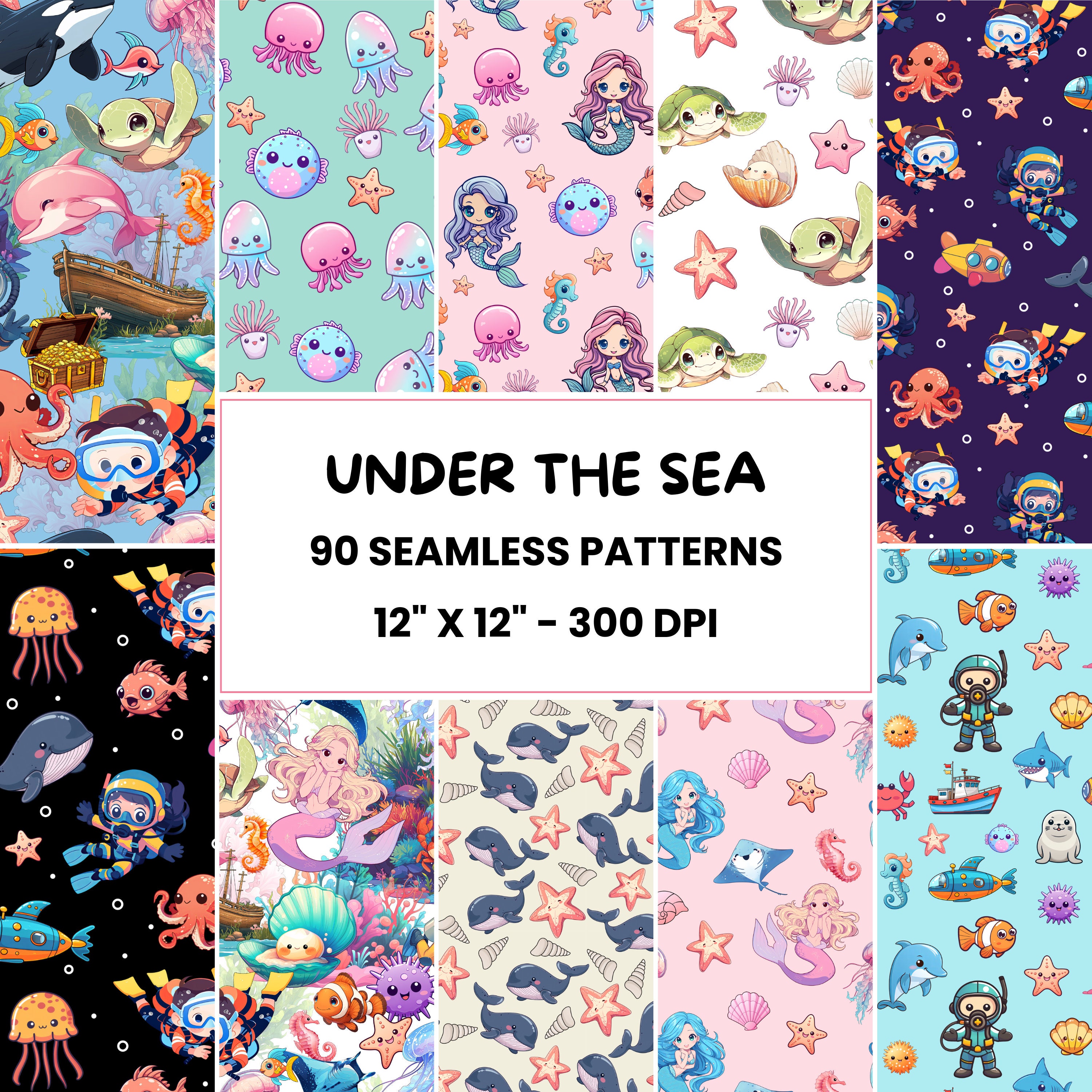 Under the Sea Patterns | 90 Sea Animals Seamless Patterns | Kawaii ...