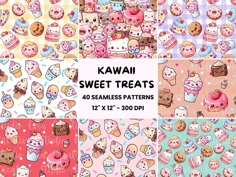 Kawaii Sweet Food Patterns 40 Cute Seamless Digital Patterns Digital ...