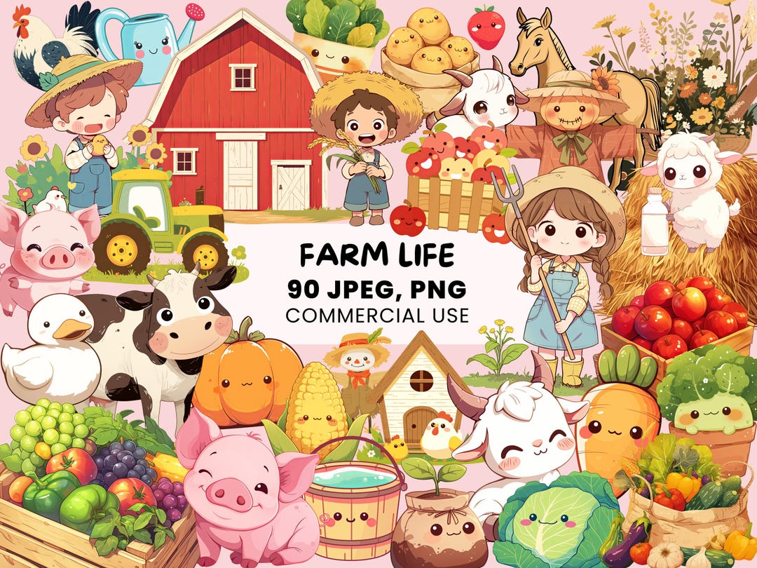 Farm Life Clipart | 90 Cute Farming Life Graphics | Kawaii Farm Animals ...