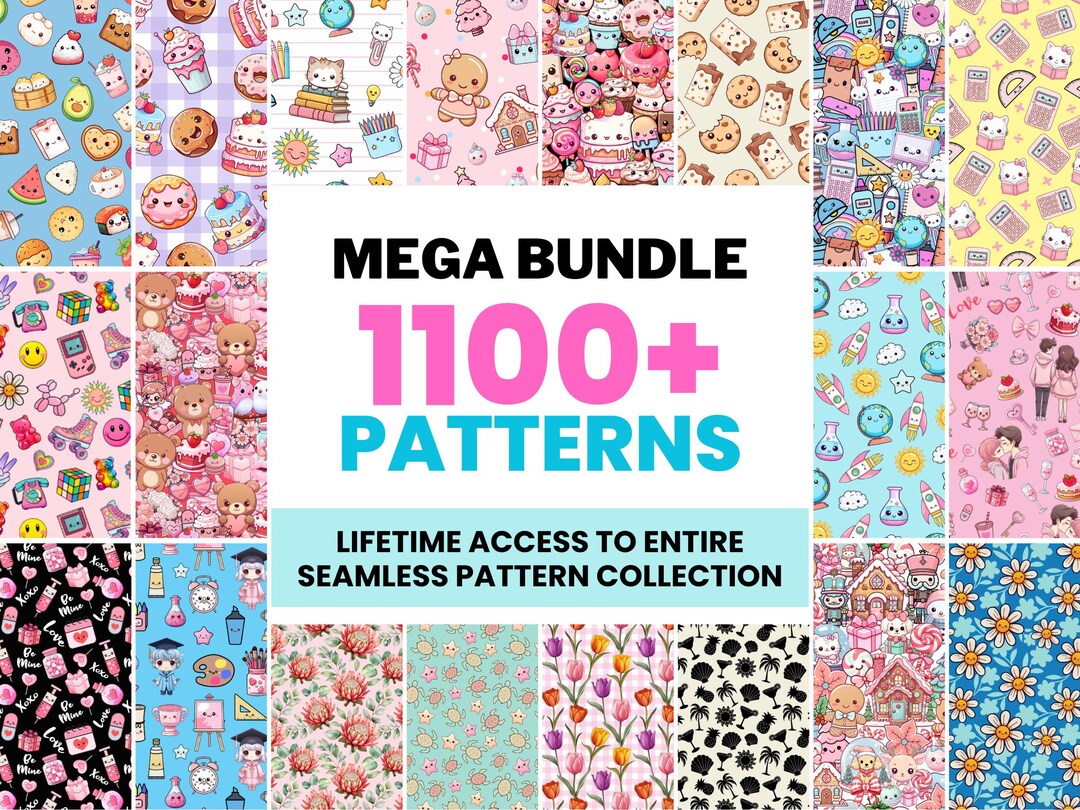 Mega Pattern Bundle 1100 Kawaii Seamless Pattern Cute Digital Paper ...