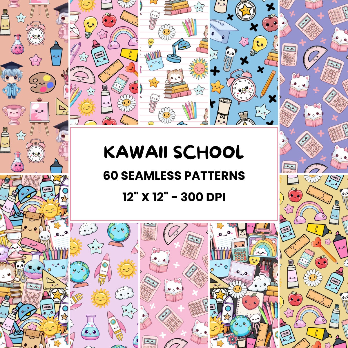 Kawaii School Patterns 60 Cute School Seamless Patterns Back to School ...