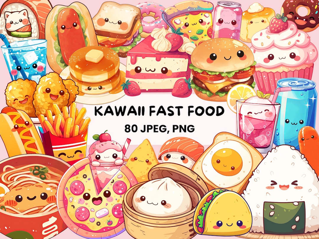 Kawaii Fast Food Clipart | 80 Cute Food Graphics | Kawaii PNG Bundle ...