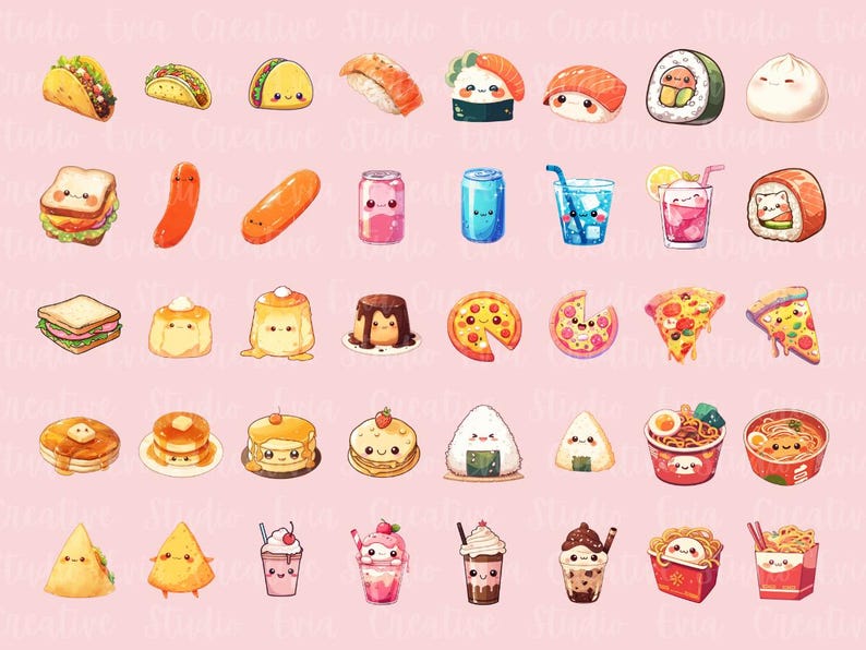 Kawaii Fast Food Clipart | 80 Cute Food Graphics | Kawaii PNG Bundle ...
