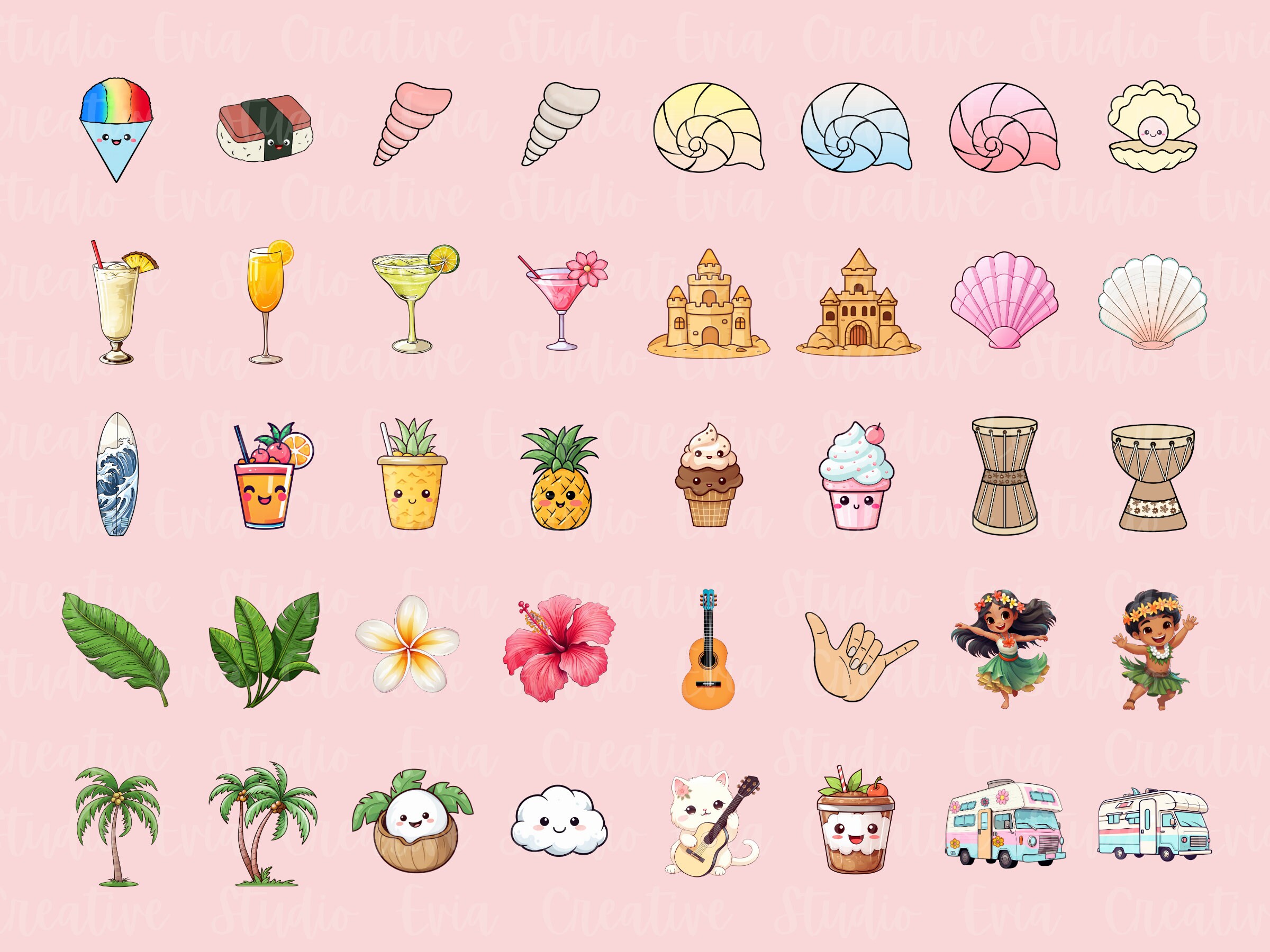 Hawaii Vibes Clipart | 80 Kawaii Hawaii Graphics | Beach Getaway ...