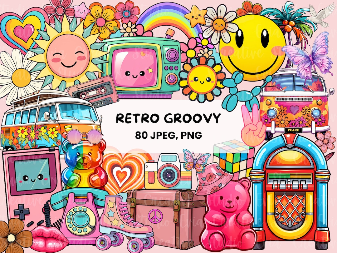 Retro Groovy Clipart | 80 Retro Hippie Graphics | Vintage Retro ...