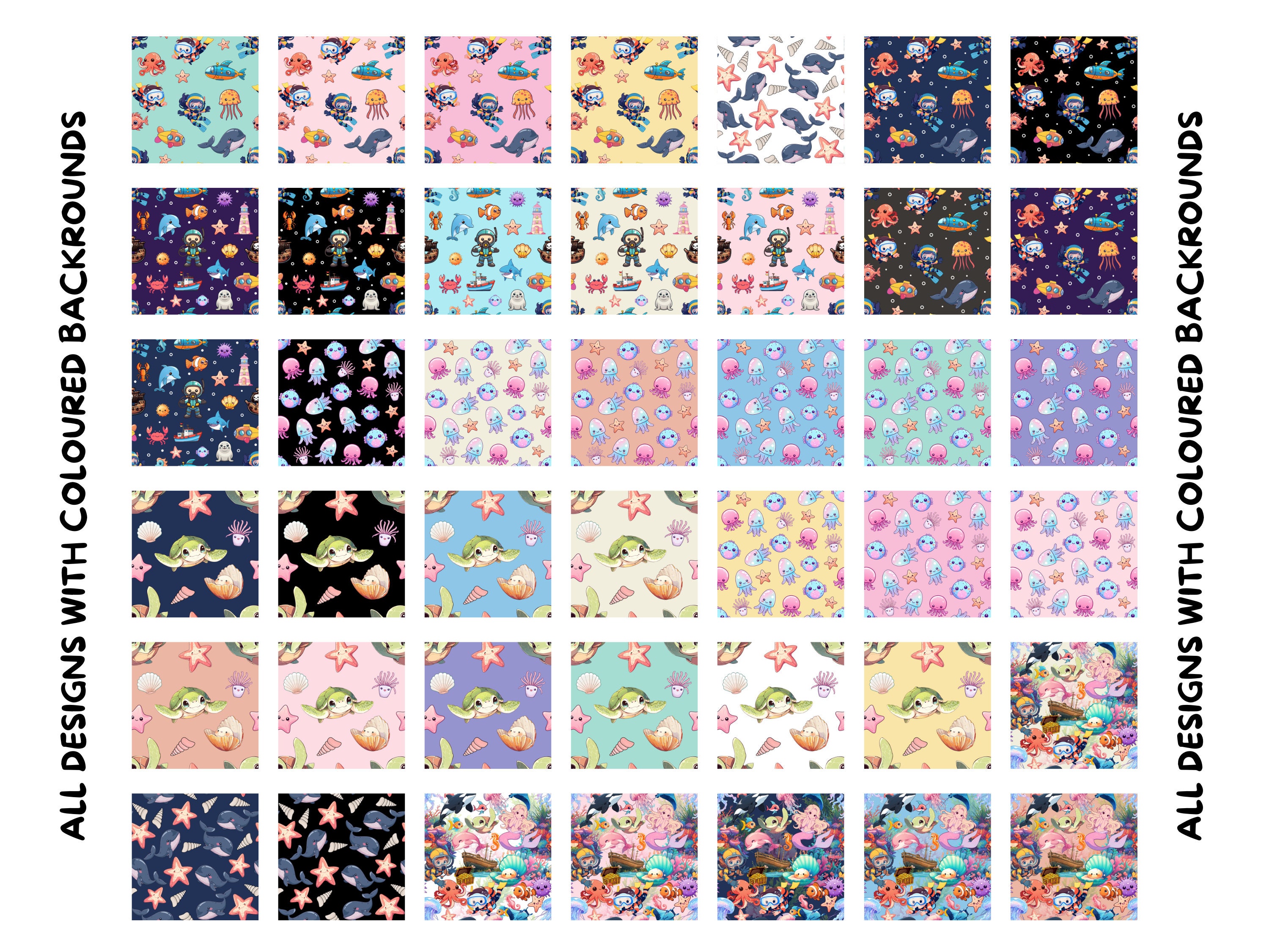 Under the Sea Patterns 90 Sea Animals Seamless Patterns Kawaii Mermaid ...